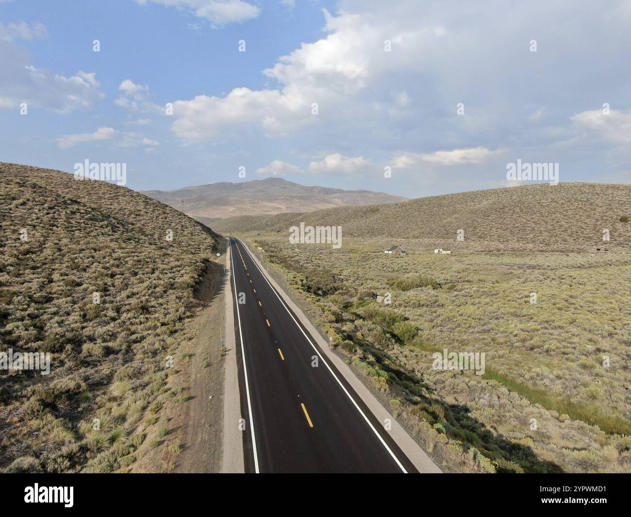 Aerial view of scenic road in the middle of green desert valley in Mono ...
