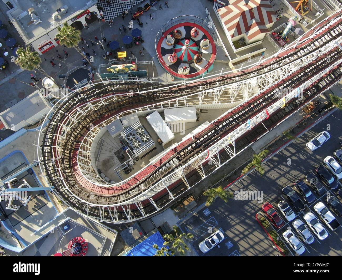 Aerial view of iconic Giant Dipper roller coaster in Belmont Park, an ...