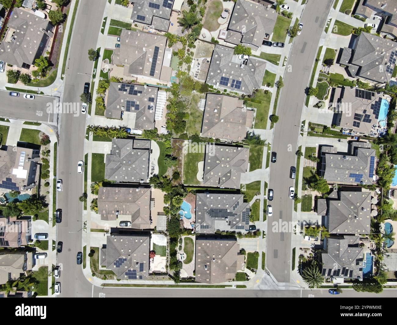 Aerial view of rich neighborhood with big villas with pool in San Diego ...