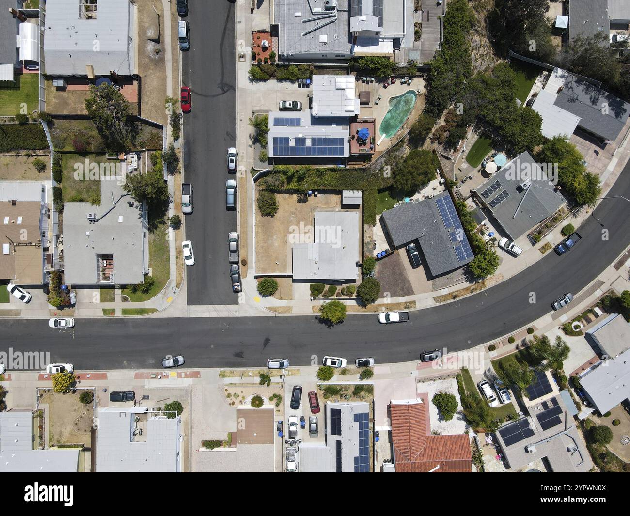 Aerial top view of small street with middle class houses in Mission ...
