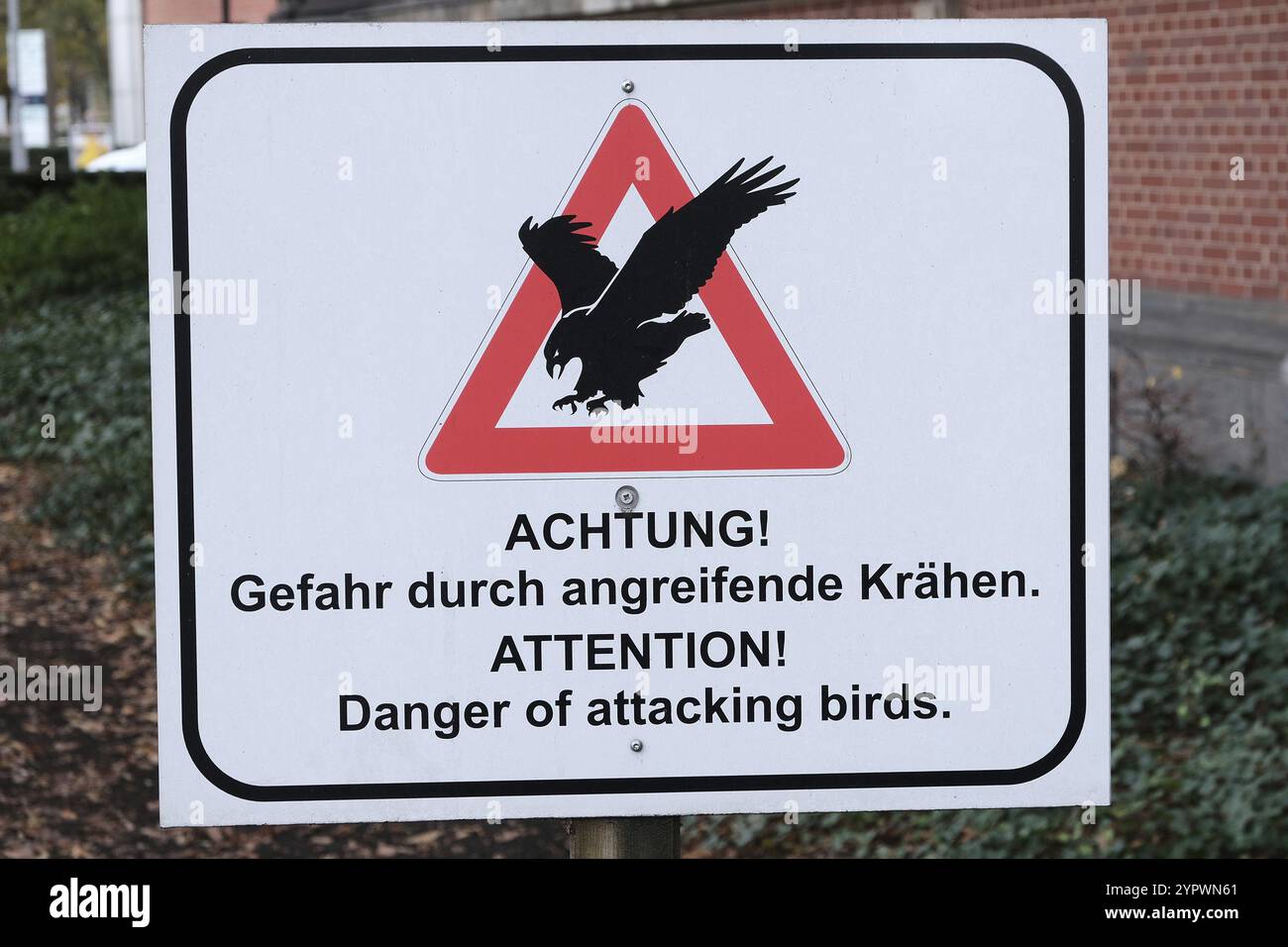Berlin, Germany, Sign with warning of attacking, aggressive crows ...