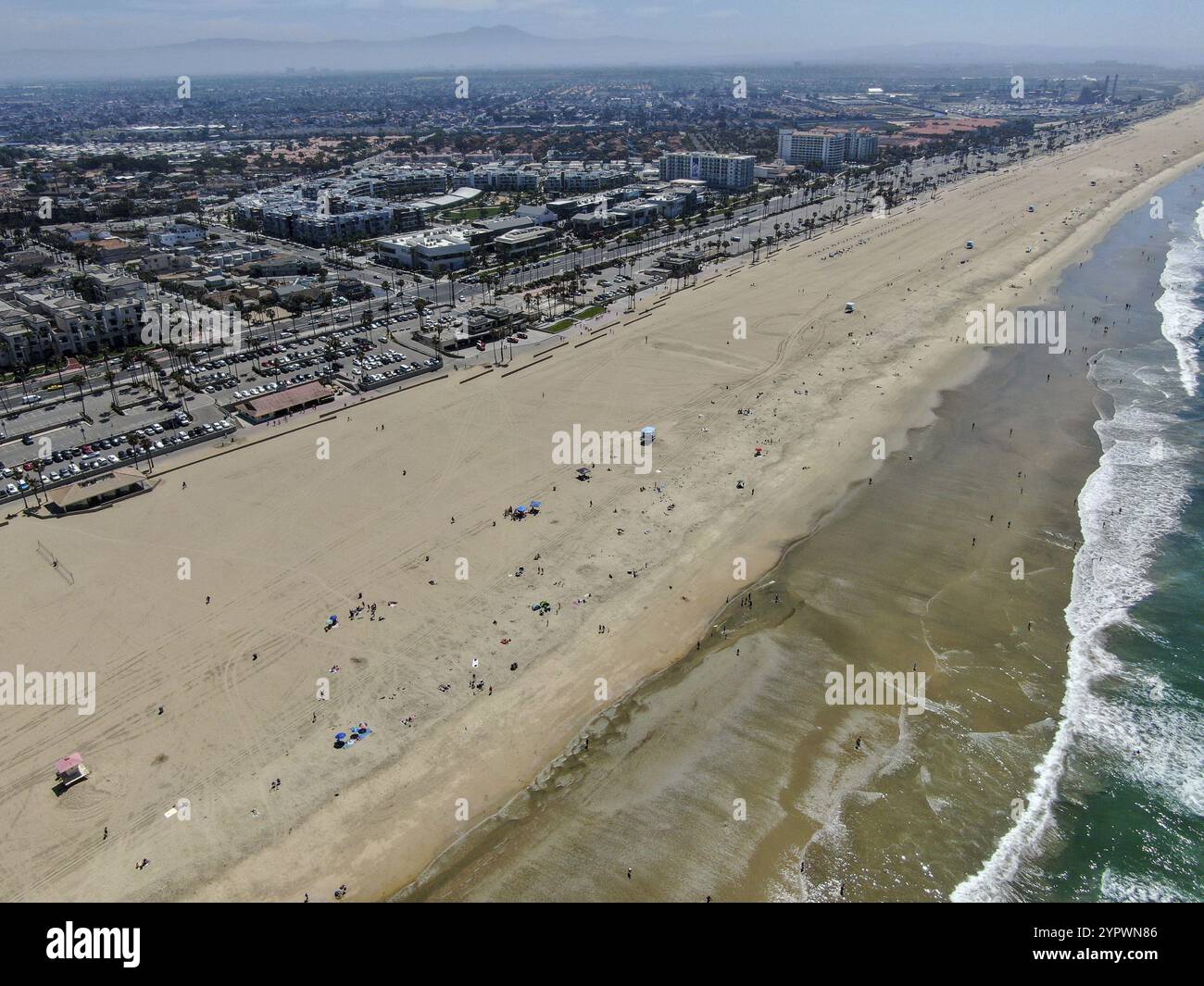 Aerial view of Huntington Beach and coastline during hot blue sunny ...
