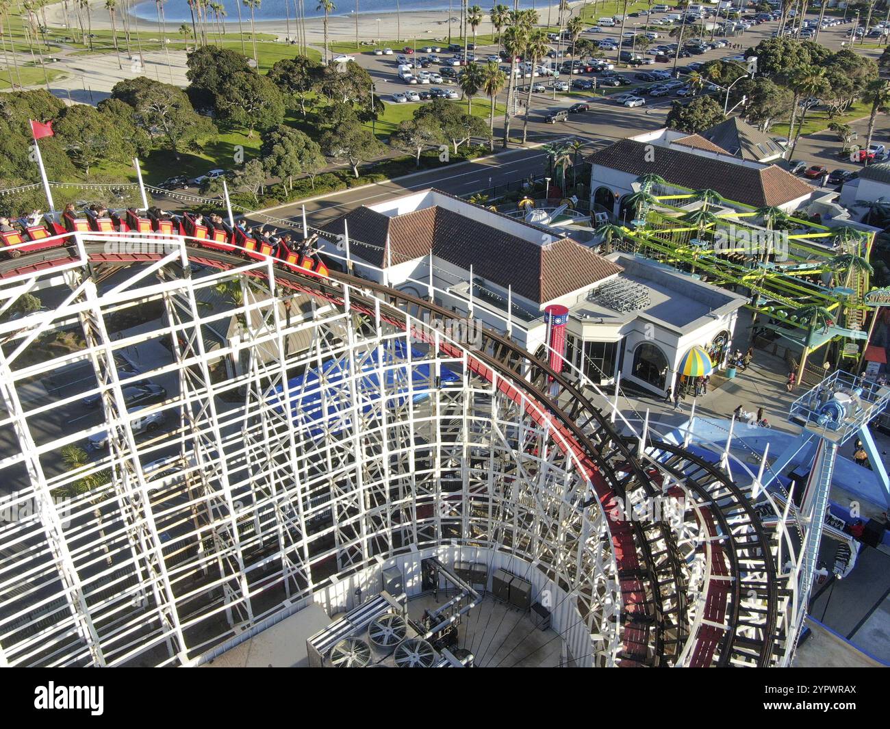 Aerial view of iconic Giant Dipper roller coaster in Belmont Park, an ...