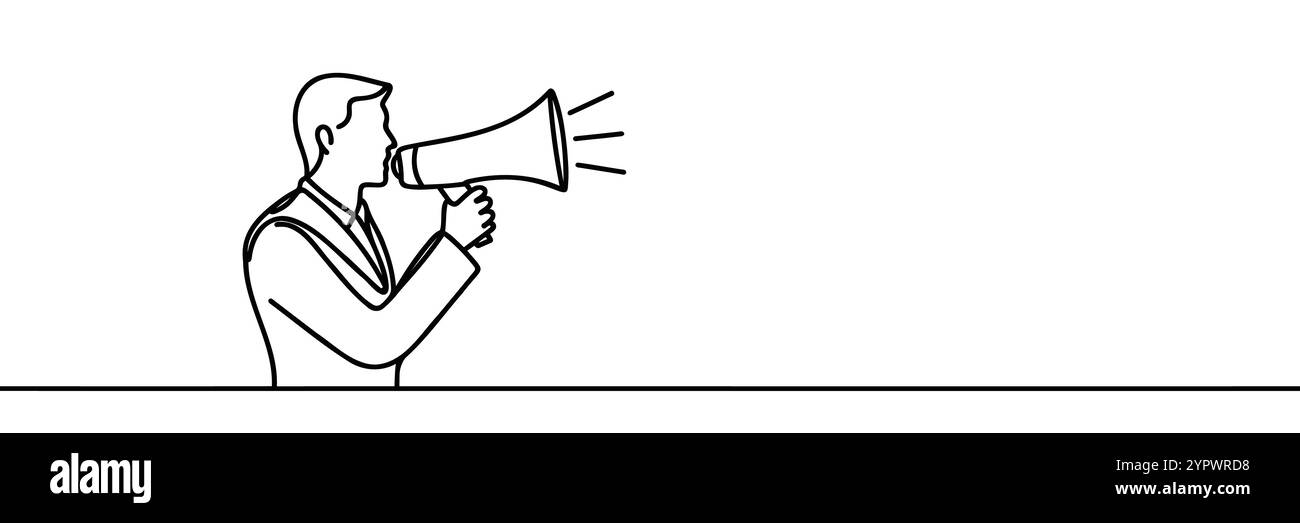 Woman holding megaphone to speak up continuous one line drawing. Person ...
