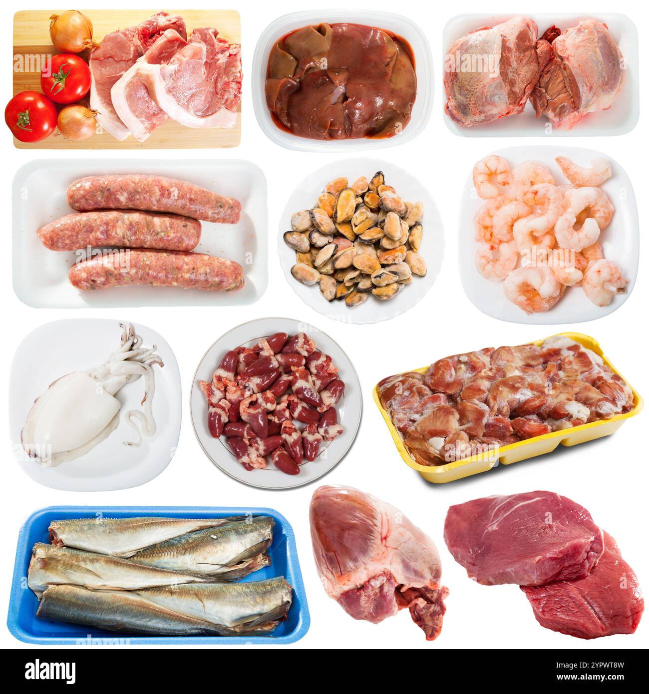 Raw meat, fish and poultry isolated on white background Stock Photo - Alamy
