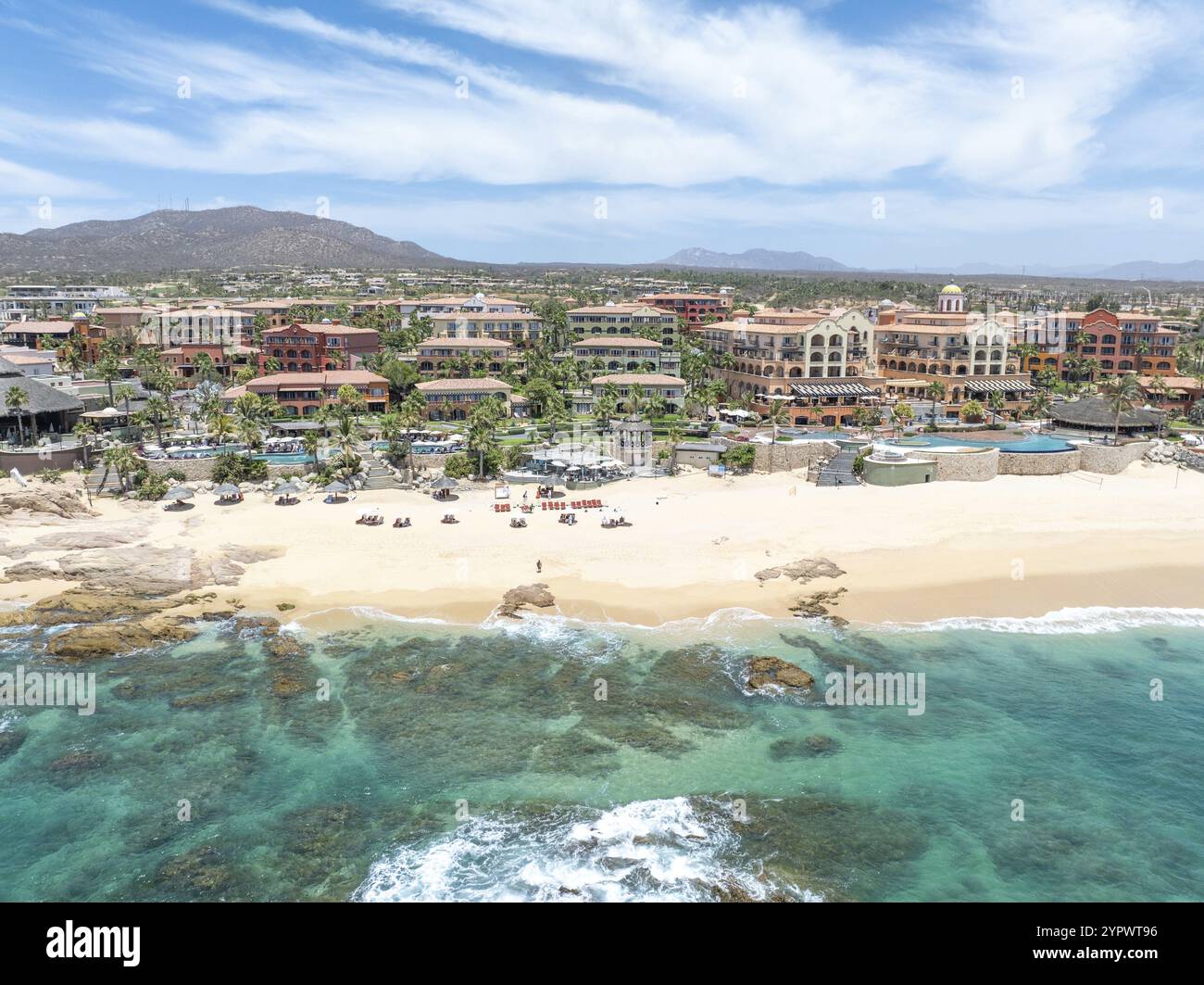 Aerial view of tropical beach with resorts in Cabo San Jose, Baja ...