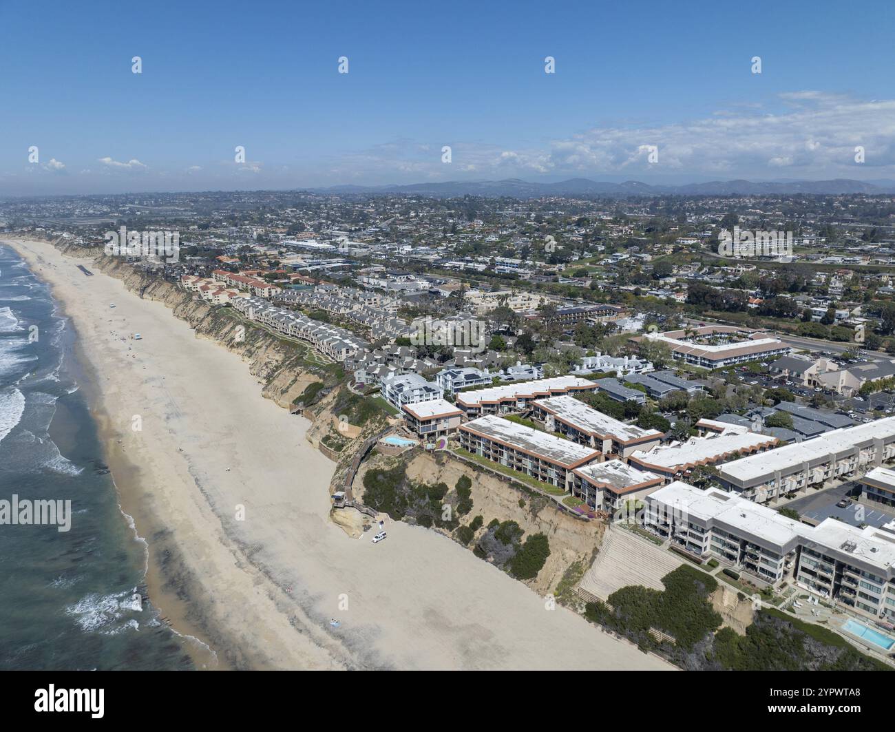 Aerial view of Del Mar Shores, California coastal cliffs and House with ...