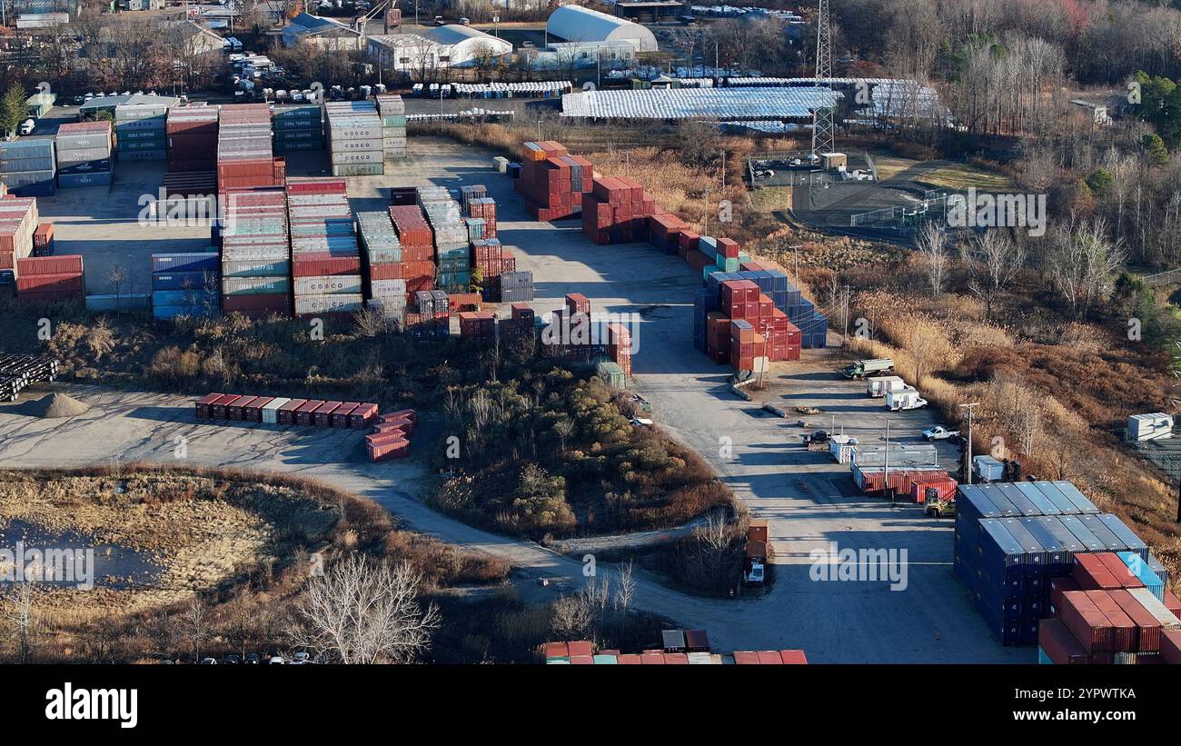 Aerial view of Shipping containers piled high and wide in Sayreville ...