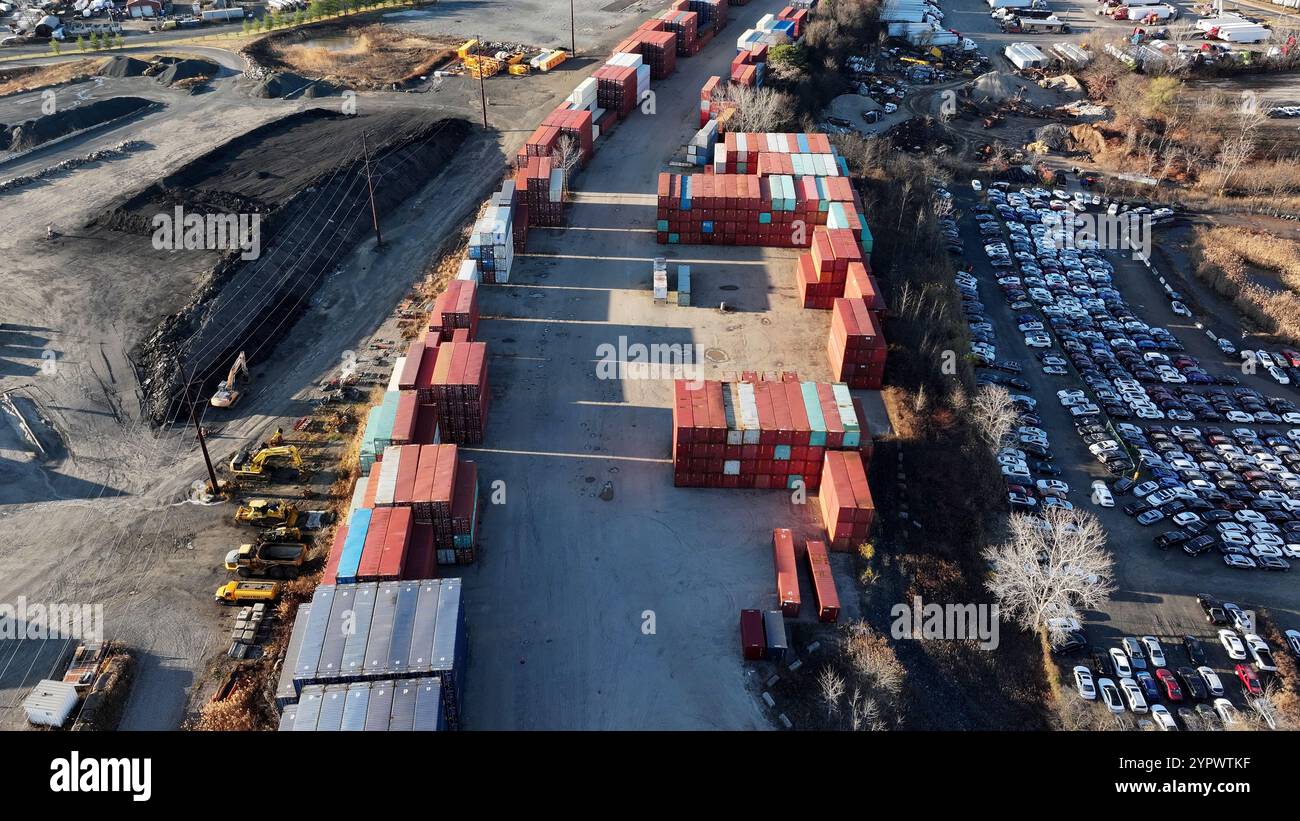Aerial view of Shipping containers piled high and wide in Sayreville ...