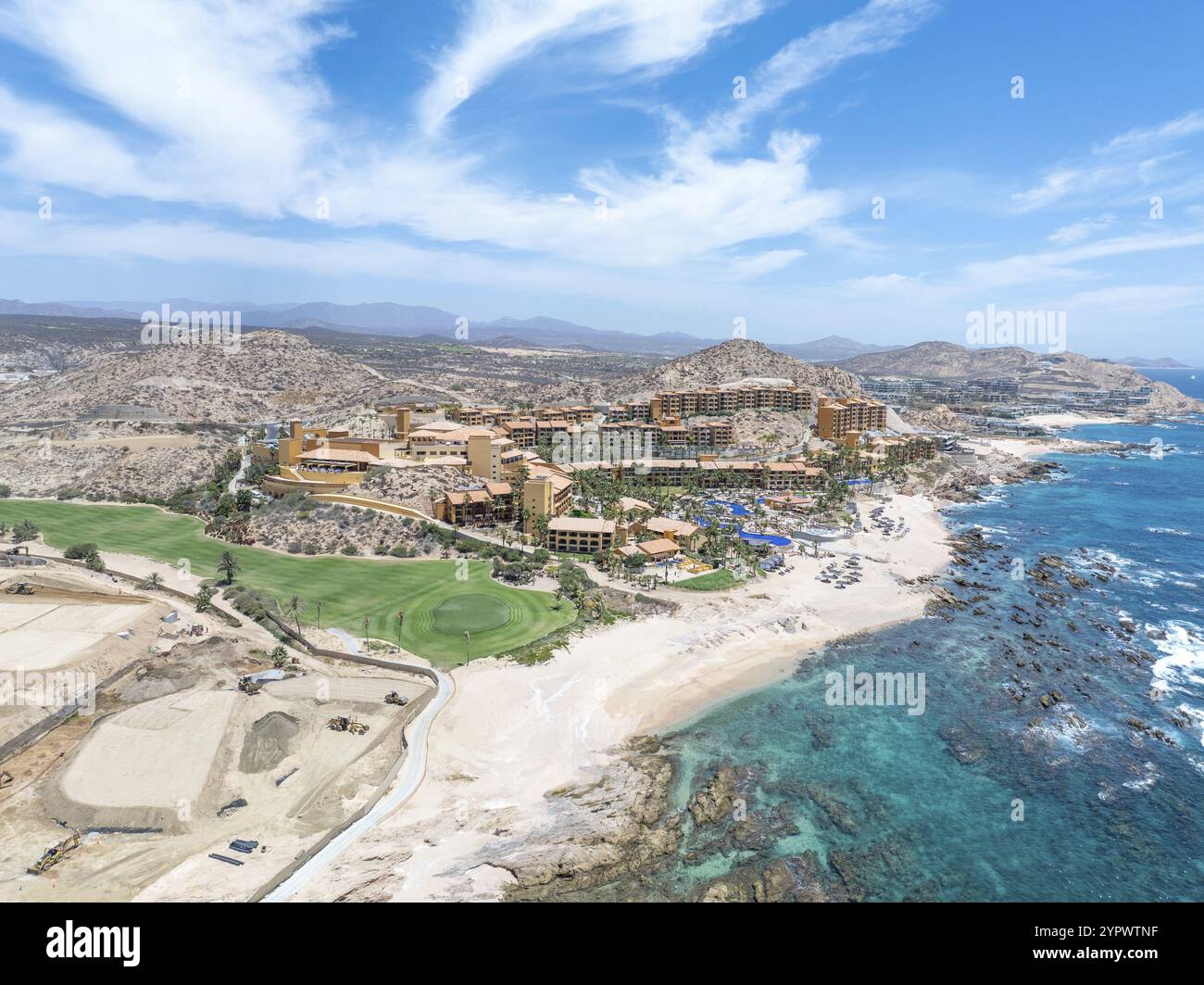 Aerial view of tropical beach with resorts in Cabo San Jose, Baja ...