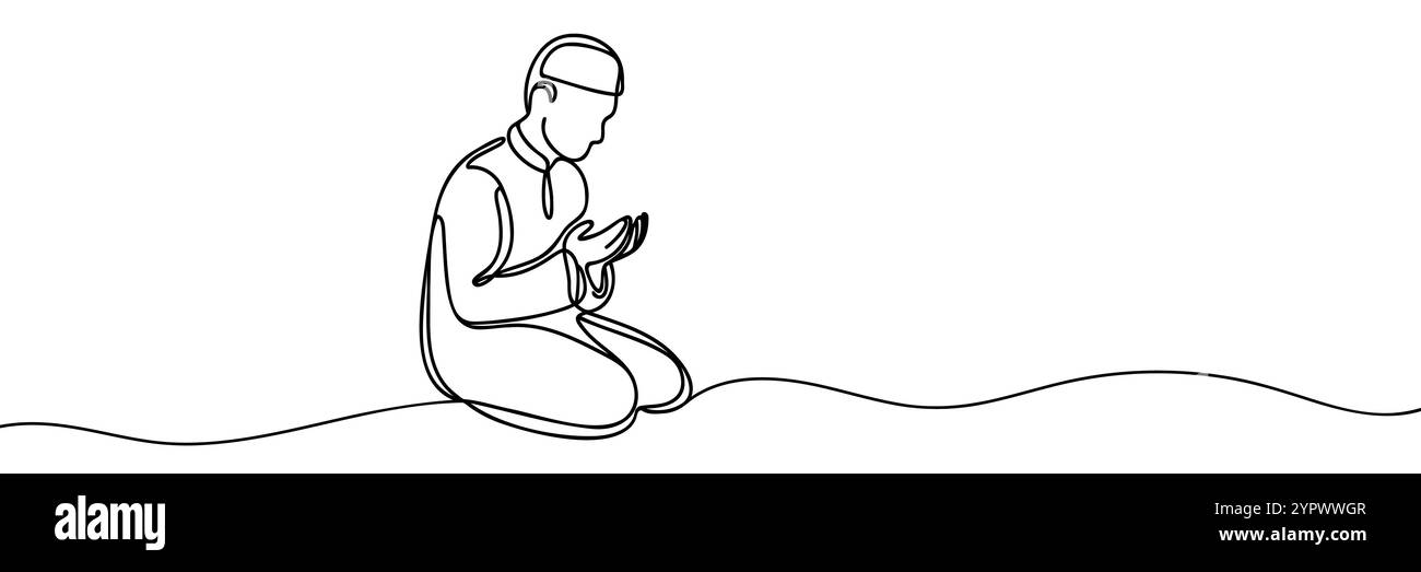 Continuous one line drawing a muslim man praying to god . Hajj and ...