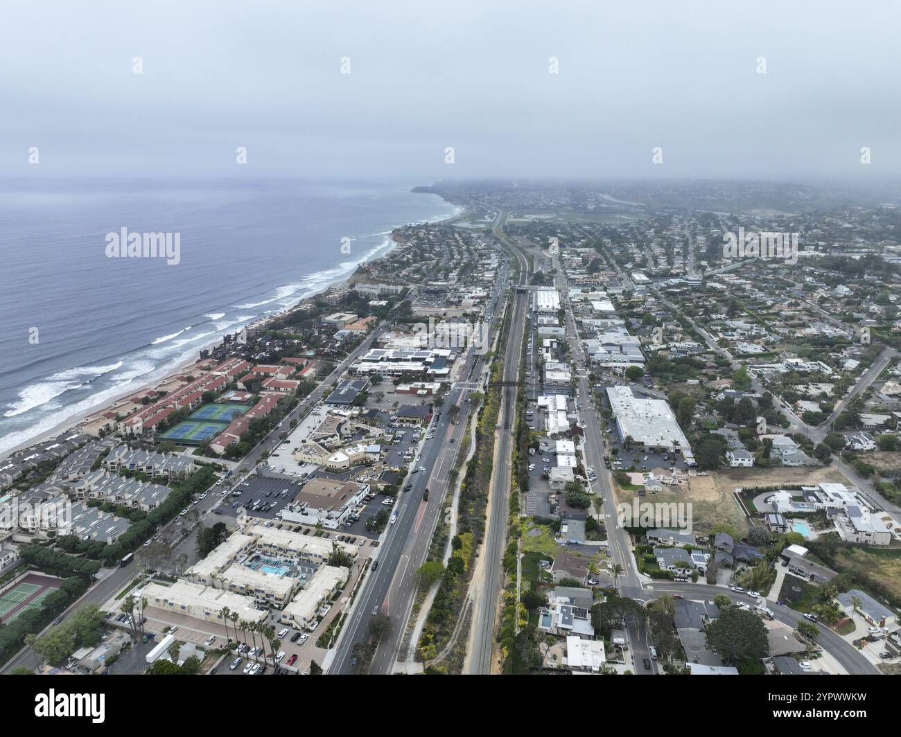 Aerial view of Del Mar coastline and beach, San Diego County ...