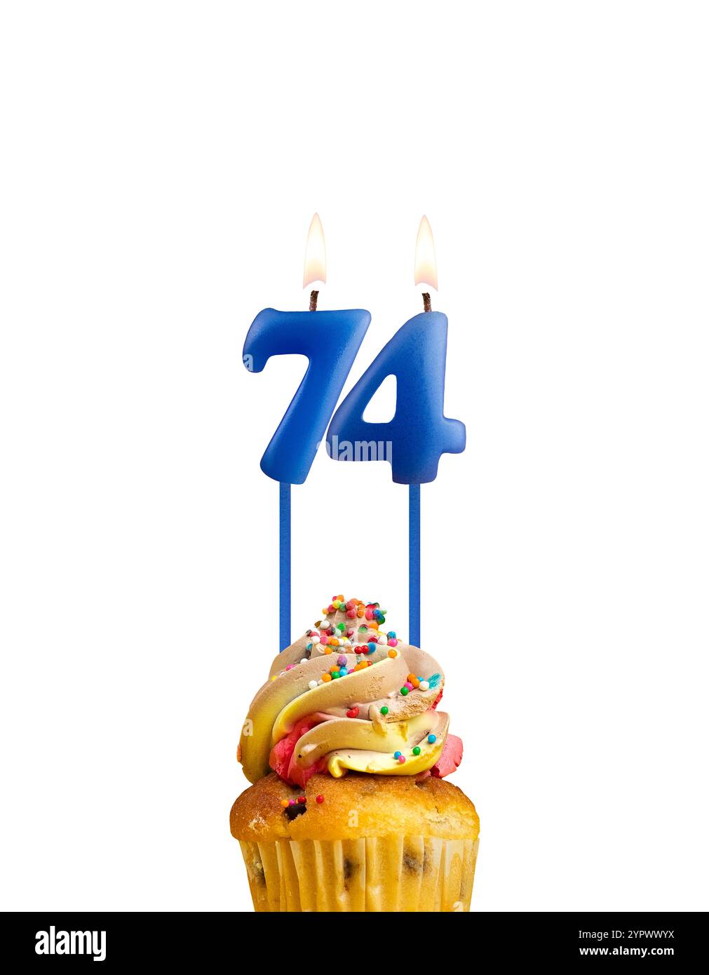 Candle in shape of the number 74 - Blue birthday on a white background ...