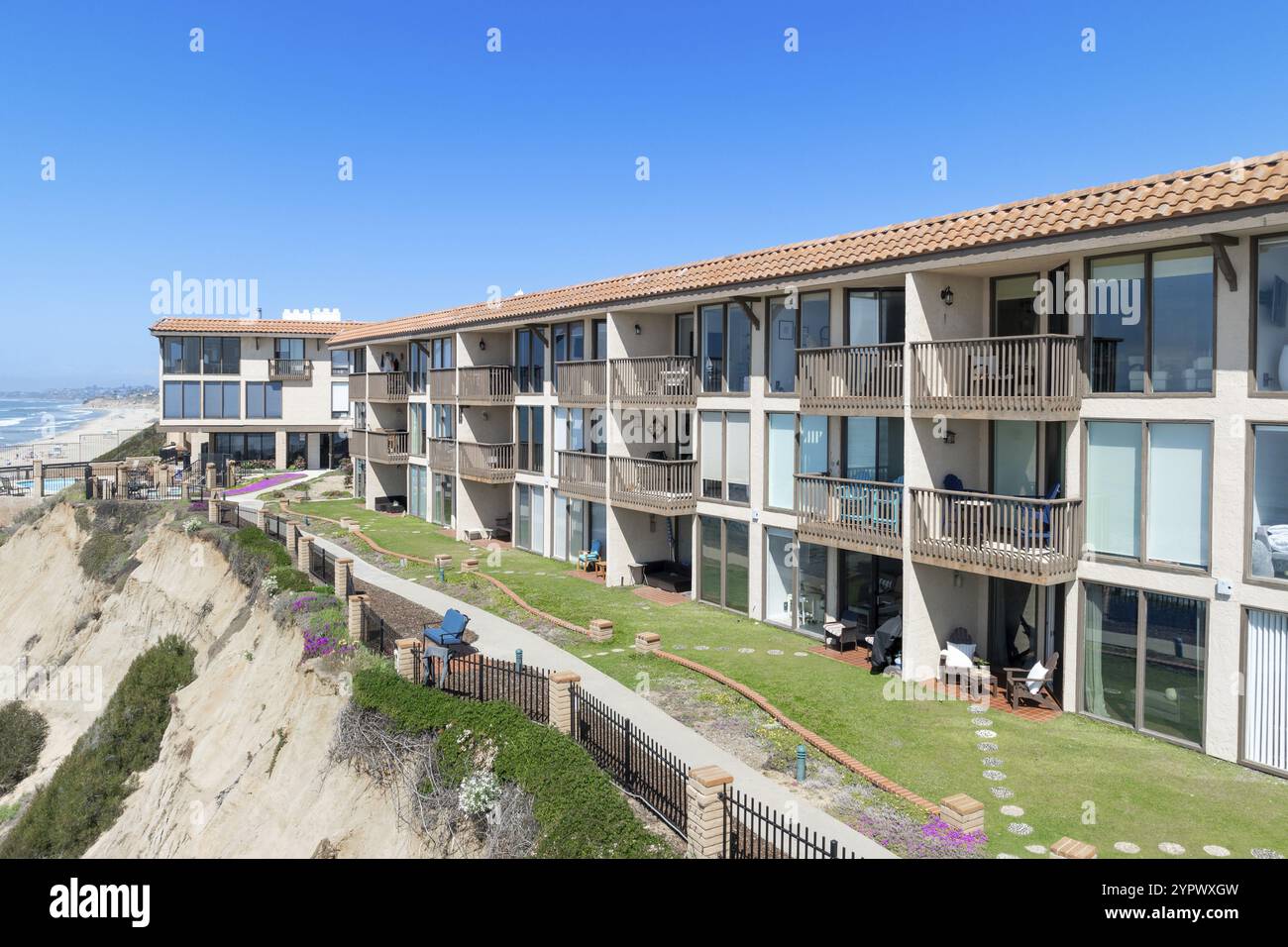 Aerial view of Del Mar Shores, California coastal cliffs and House with ...