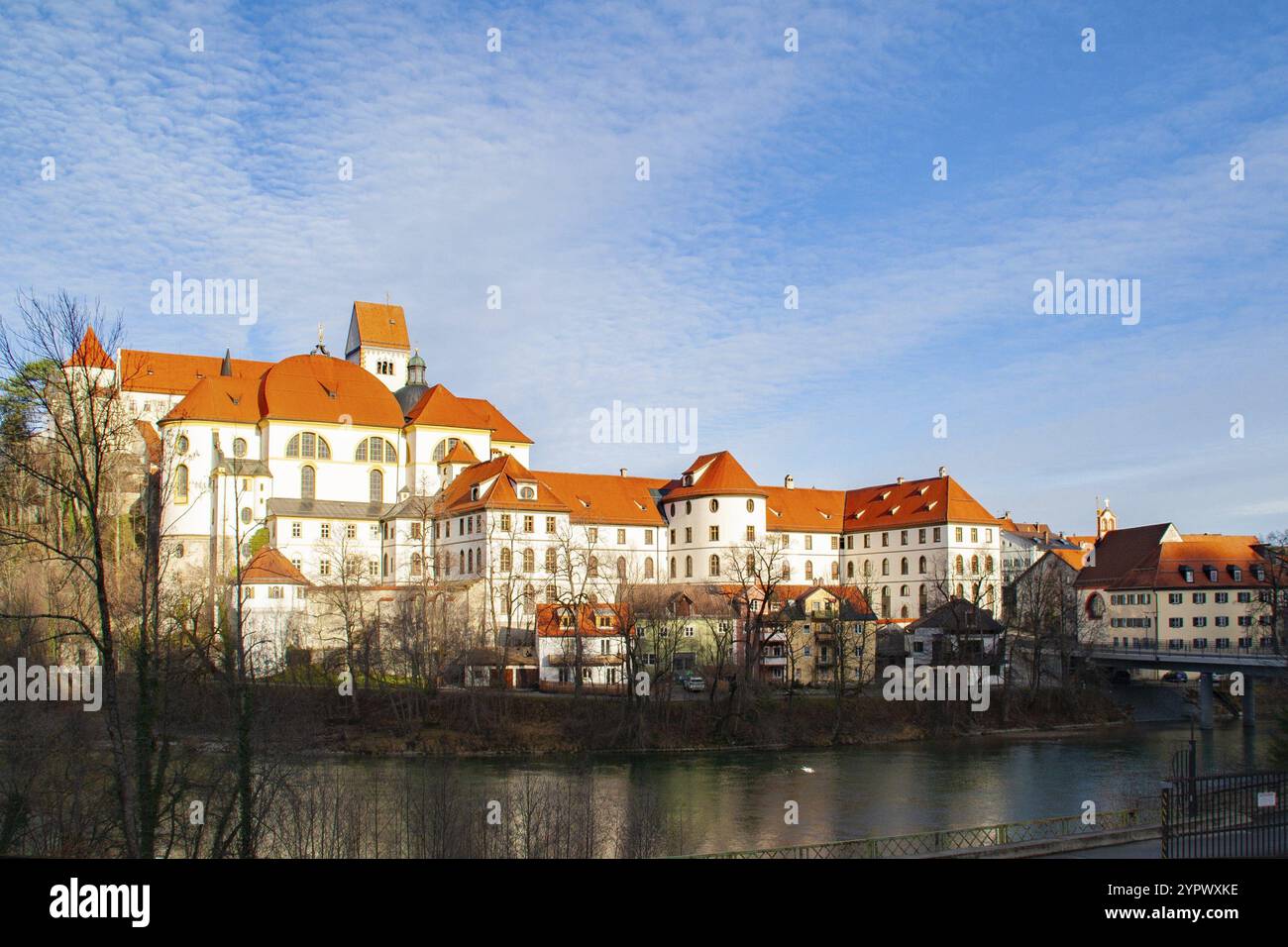 Famous view over the Lech river towards the citadel of Fuessen, Germany ...