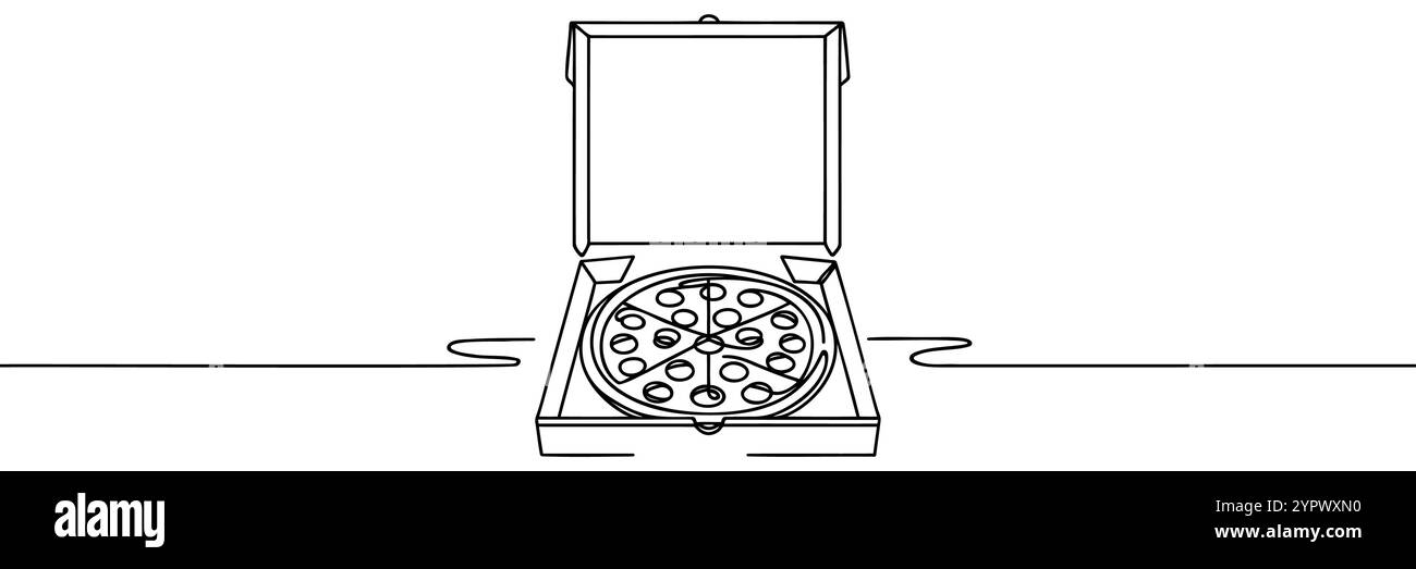 Line drawing opening a box of pizza. Preparation and enjoyment of food ...