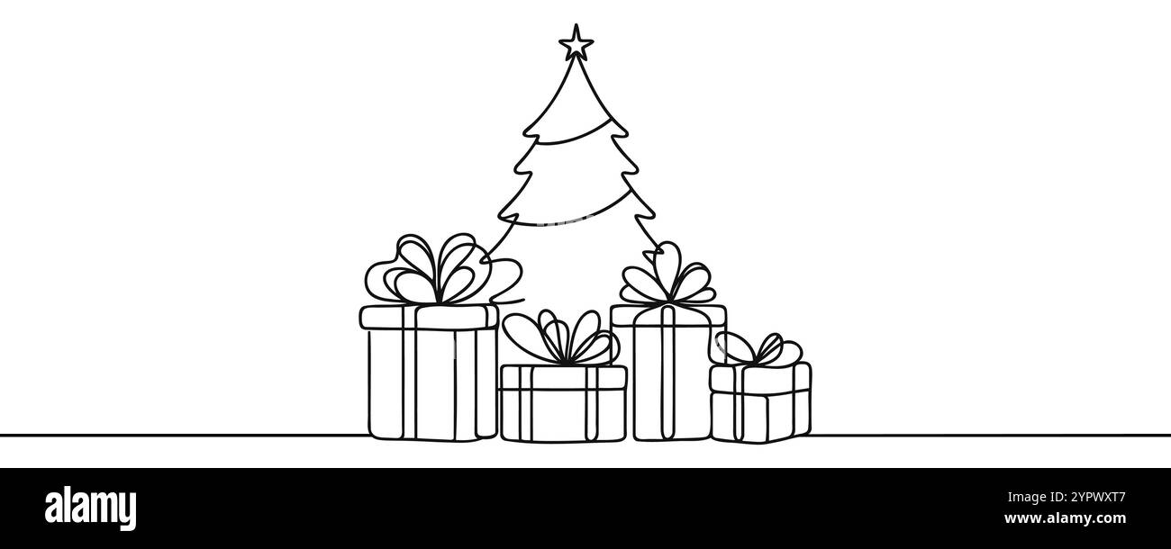 gifts under the tree Continuous one line drawing Stock Vector Image ...