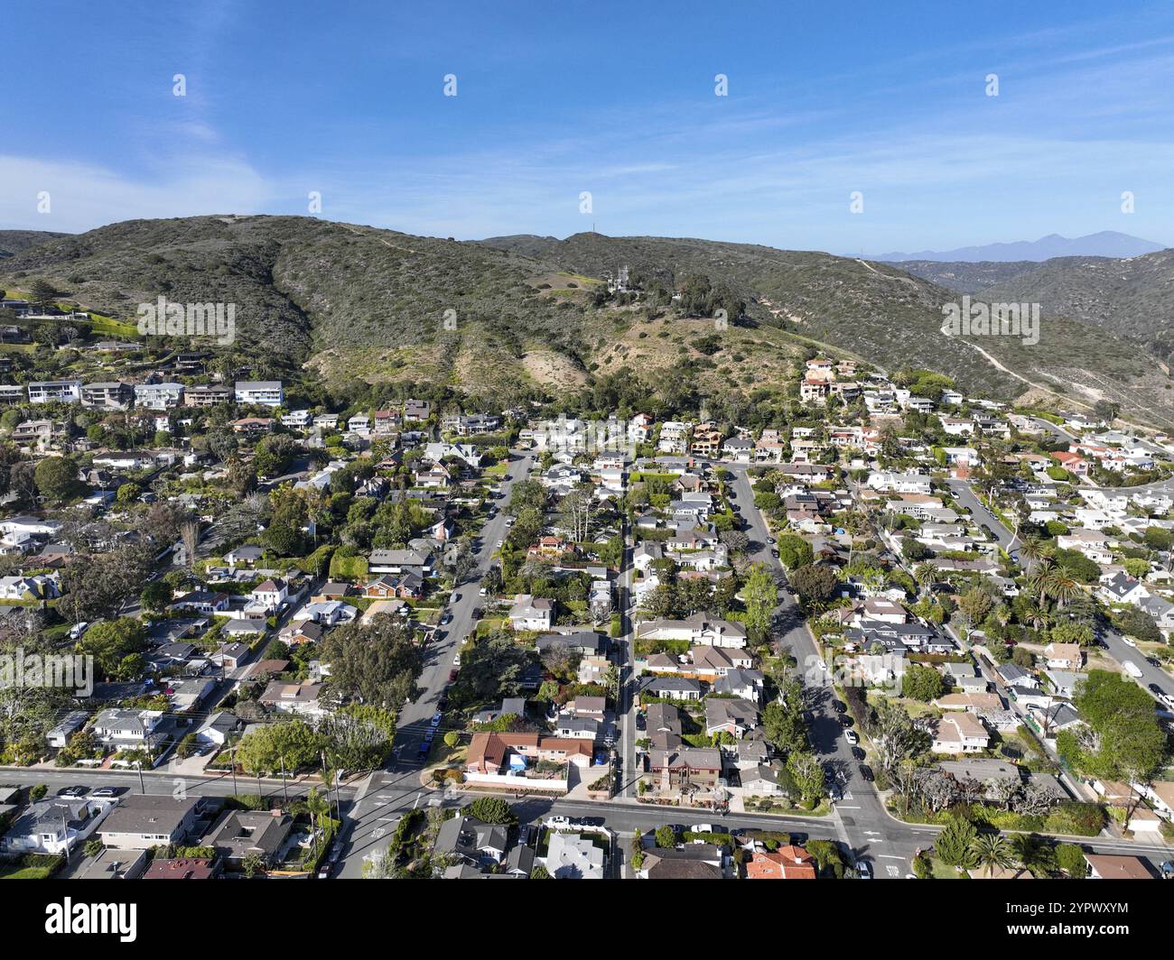 Aerial view of Laguna Beach coastline town with vilas on the hills ...