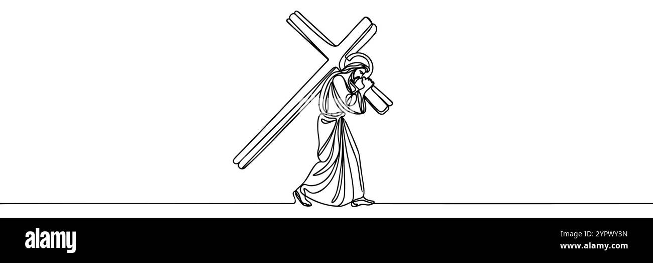 drawing of jesus christ carrying the cross drawn continuous line. Vector illustration Stock ...