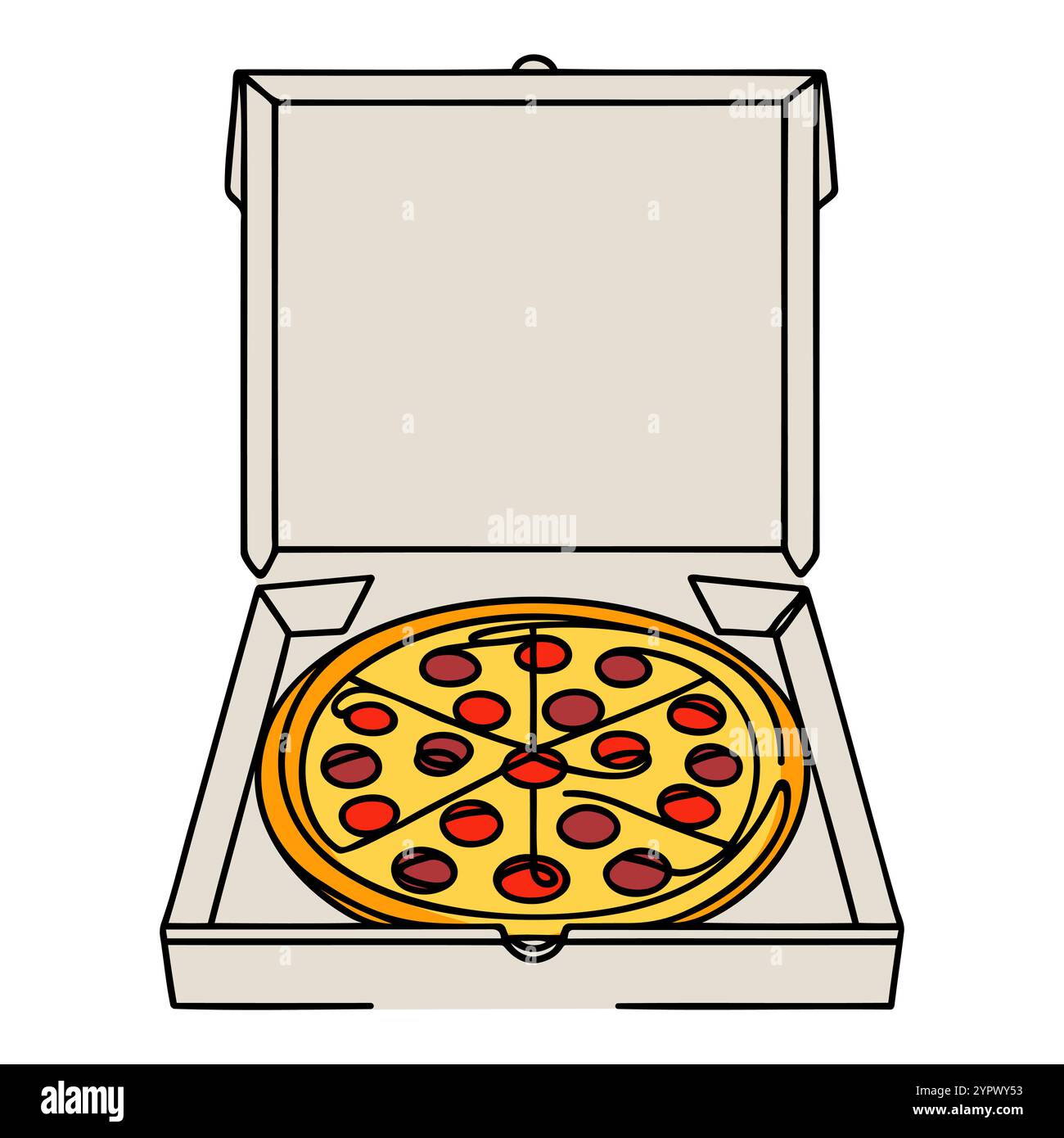Line drawing opening a box of pizza. Preparation and enjoyment of food ...
