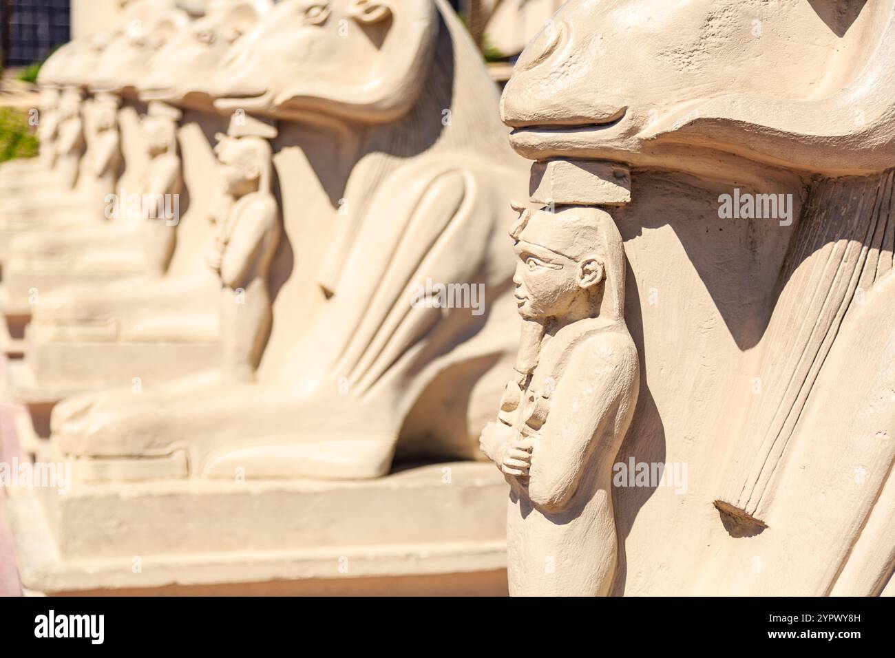 A row of statues of Egyptian gods and goddesses. The statues are all ...