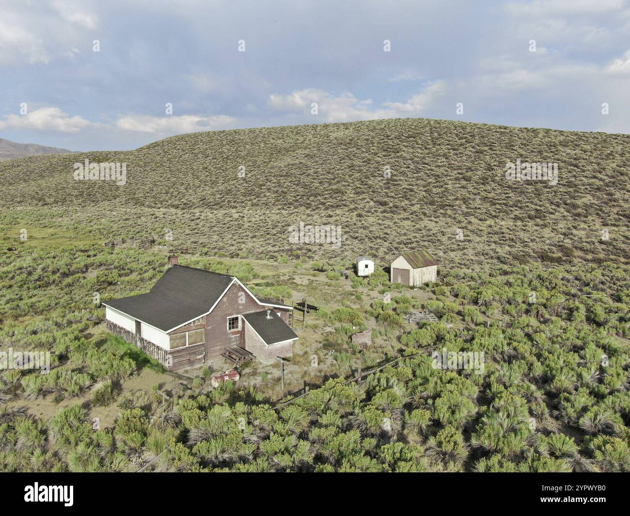 Aerial view of old wood ranch in the middle of the desert valley in Lee ...