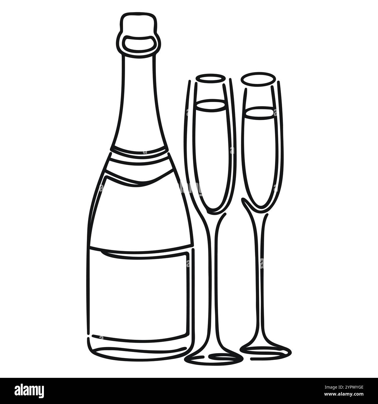 Continuous one line drawing of champagne bottle and glasses. Concept of ...
