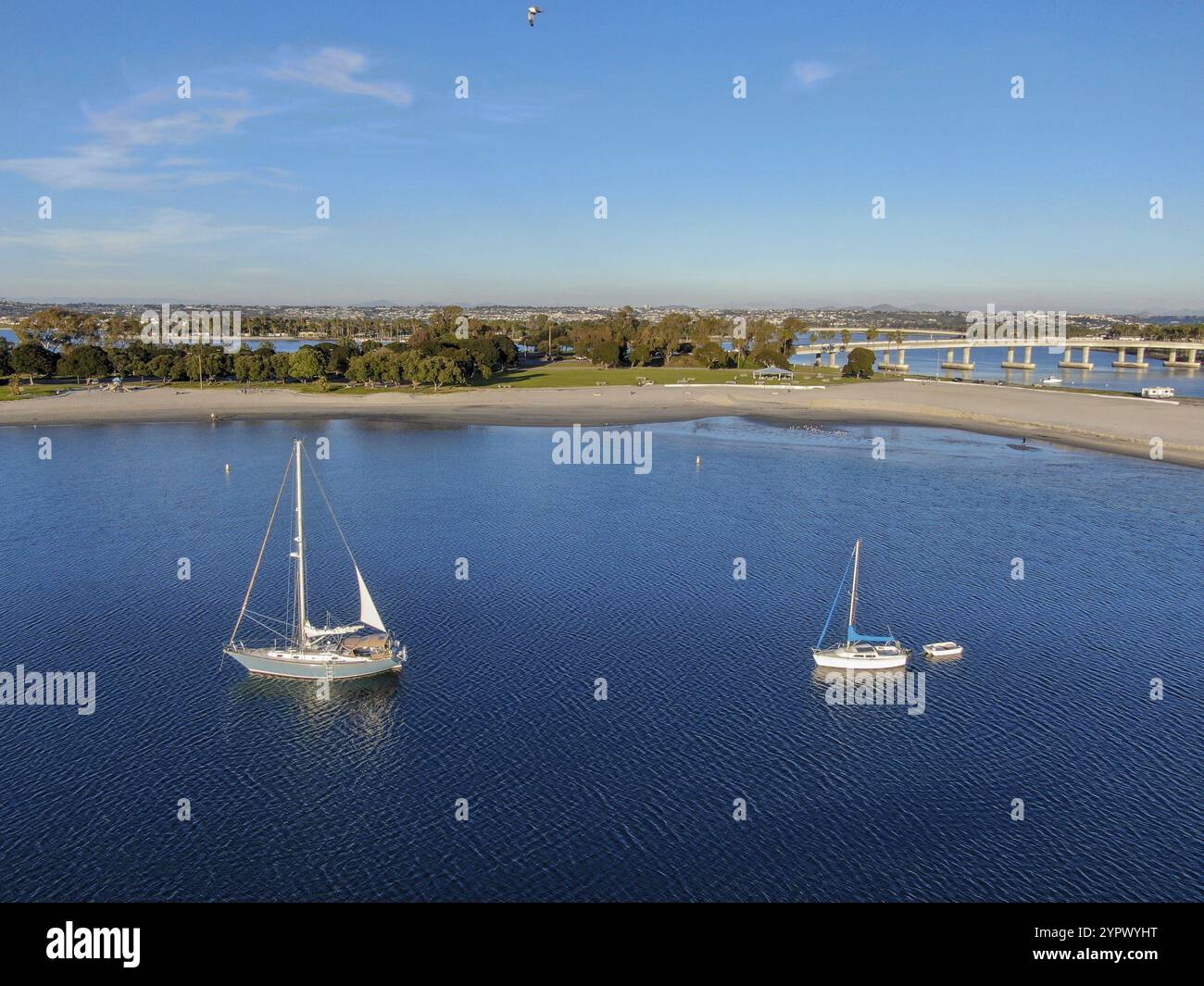 Aerial view of small sail boats in the Mission Bay of San Diego ...