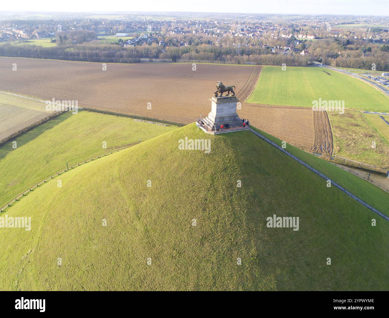 Aerial view of The Lion's Mound with farm land around. The immense ...