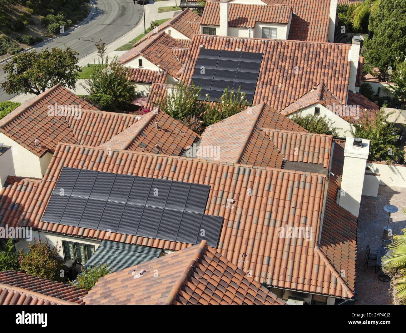 Aerial top view of residential villas with solar panel on the roof, San ...