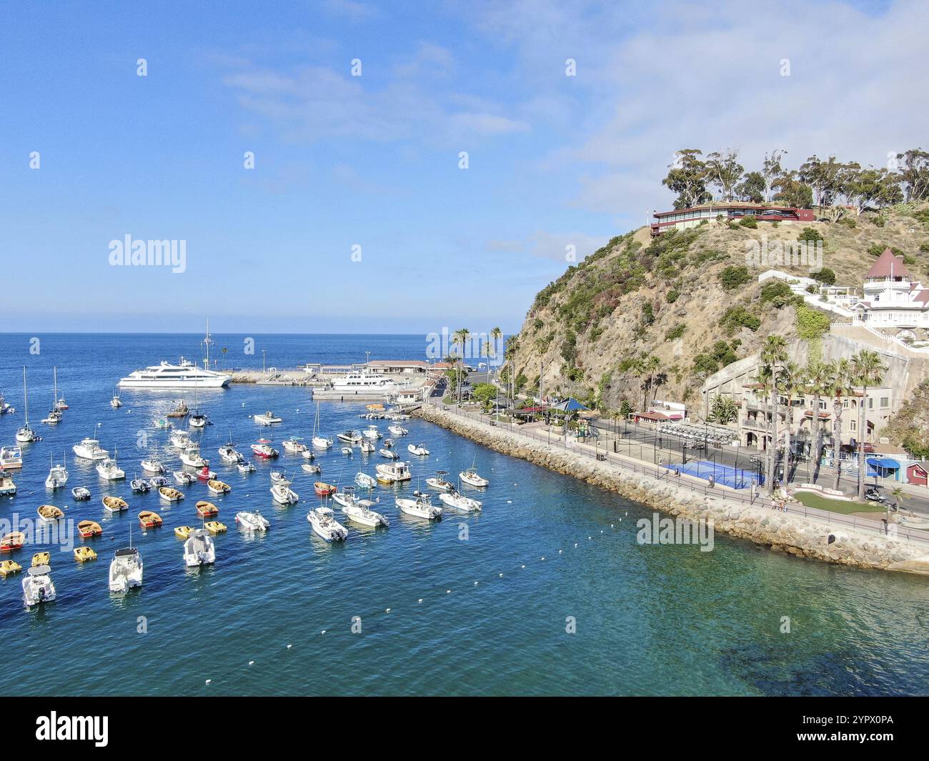 Aerial view of Avalon downtown and bay with boats in Santa Catalina ...