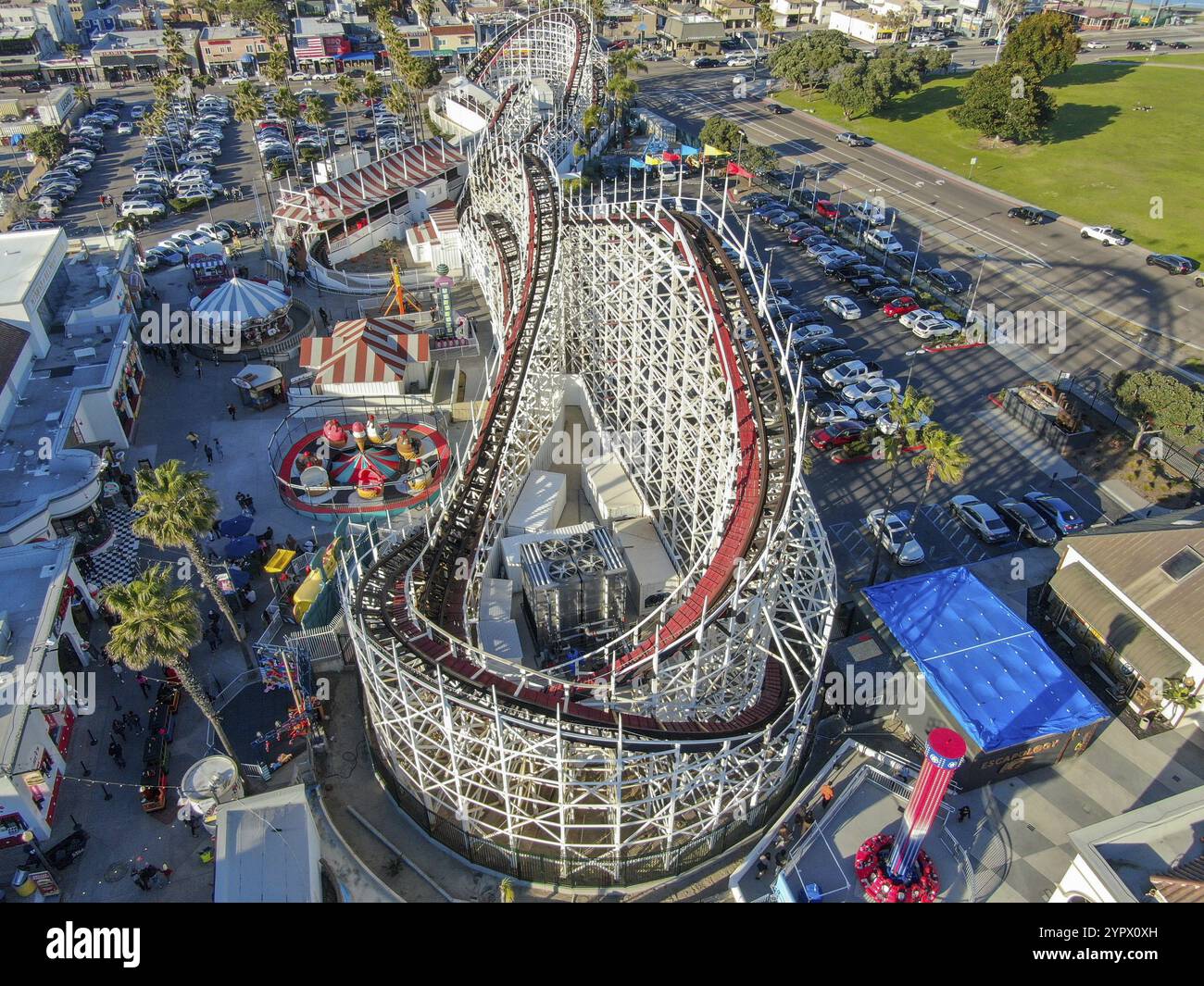 Aerial view of iconic Giant Dipper roller coaster in Belmont Park, an ...