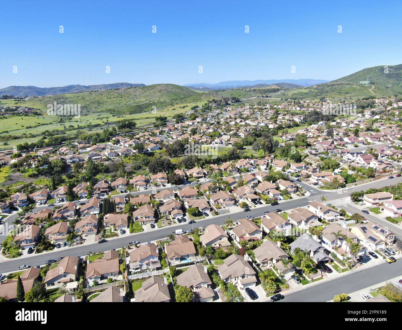 Aerial view of upper middle class neighborhood with residential ...