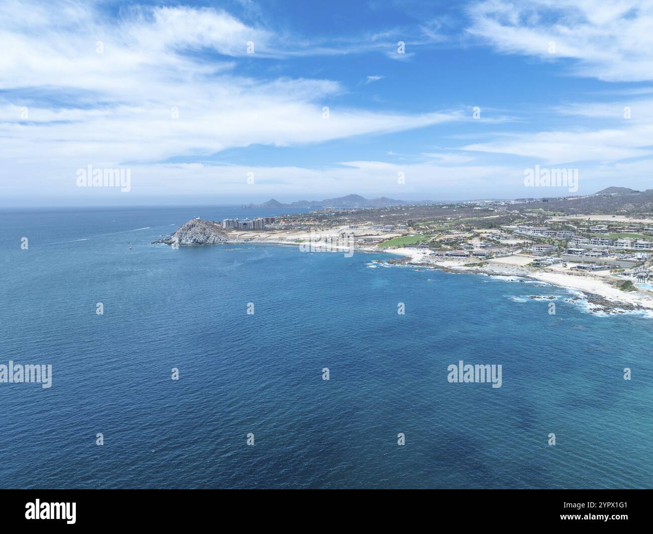 Aerial view of tropical beach with resorts in Cabo San Jose, Baja ...