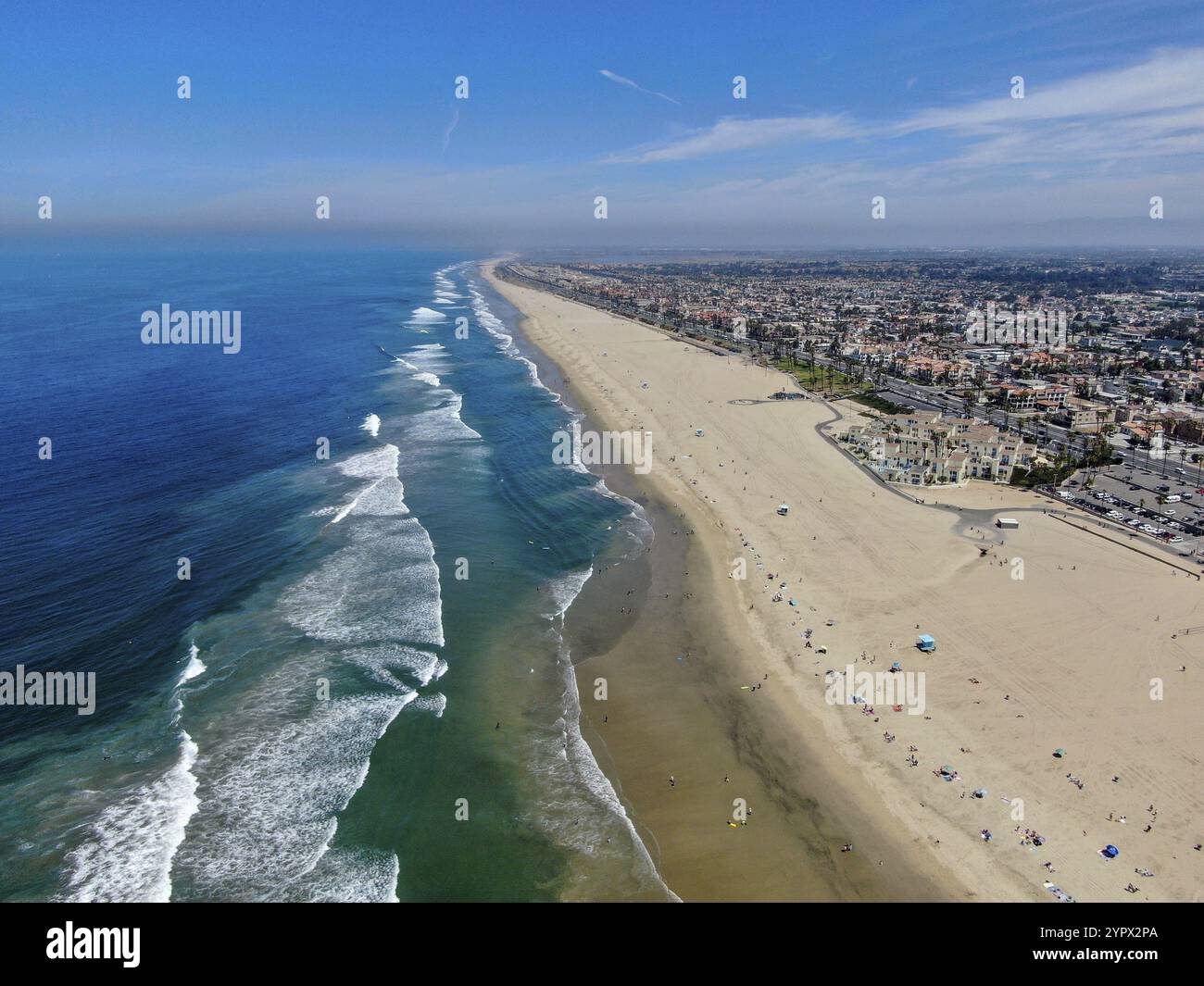 Aerial view of Huntington Beach and coastline during hot blue sunny ...