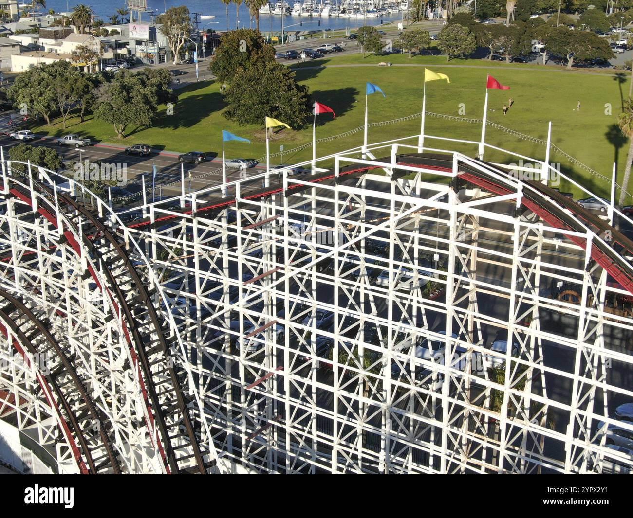 Aerial view of iconic Giant Dipper roller coaster in Belmont Park, an ...