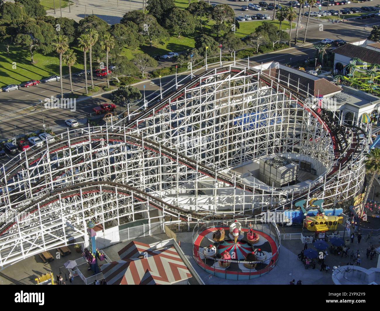 Aerial view of iconic Giant Dipper roller coaster in Belmont Park, an ...