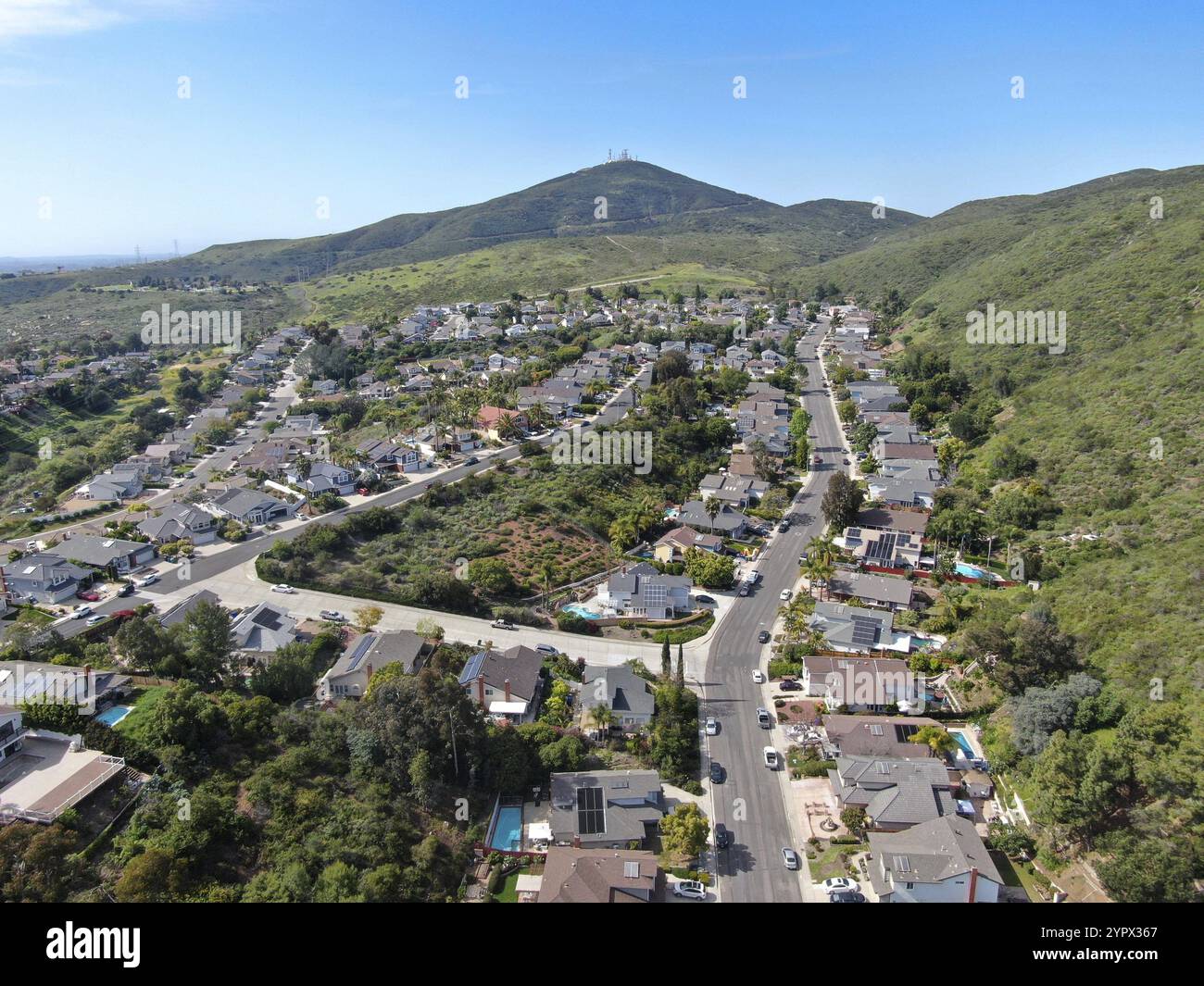 Aerial view of upper middle class neighborhood with residential house ...
