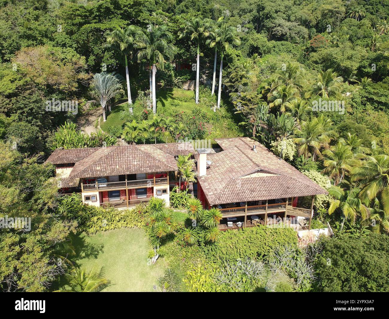 Aerial view of luxury wood house in tropical forest surrounded by trees ...