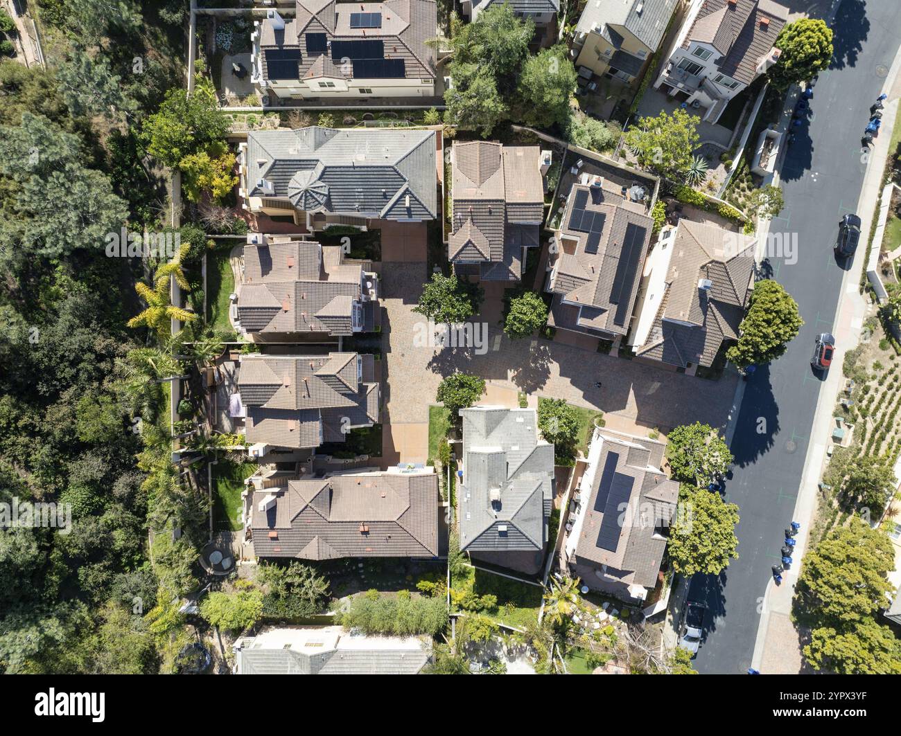 Aerial view of middle class subdivision neighborhood with residential ...