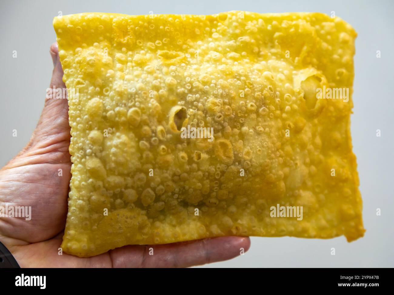 Traditional Brazilian fried pastry stuffed with ground beef. "Pastel de ...
