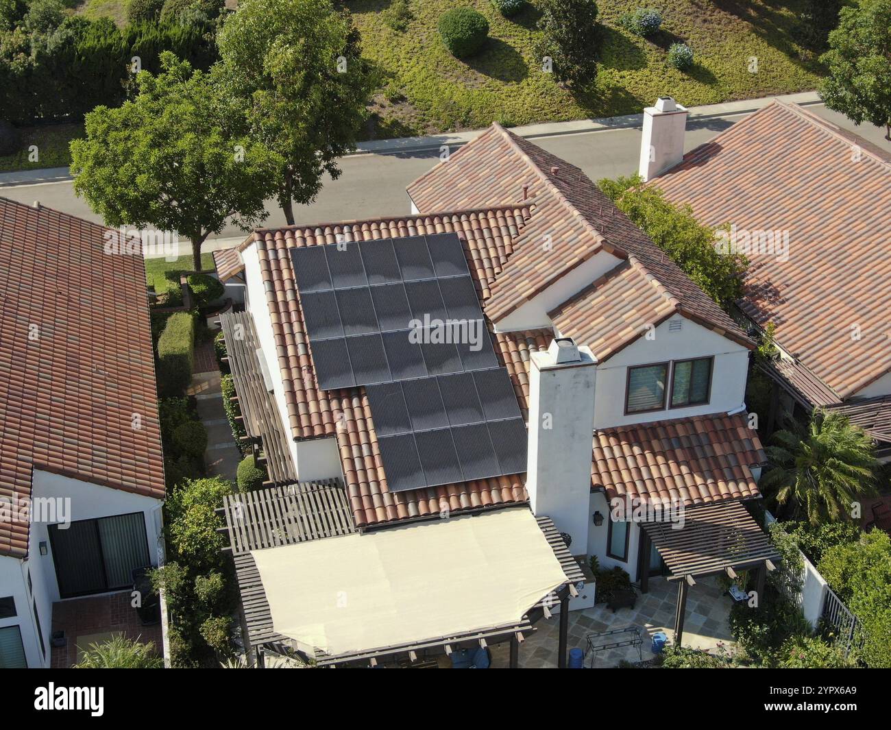Aerial top view of residential villas with solar panel on the roof, San ...