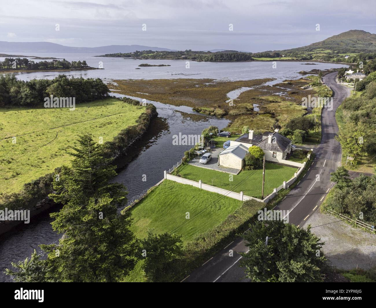 Typical house and road next to Bantry Bay, Beara Peninsula, Adrigole ...