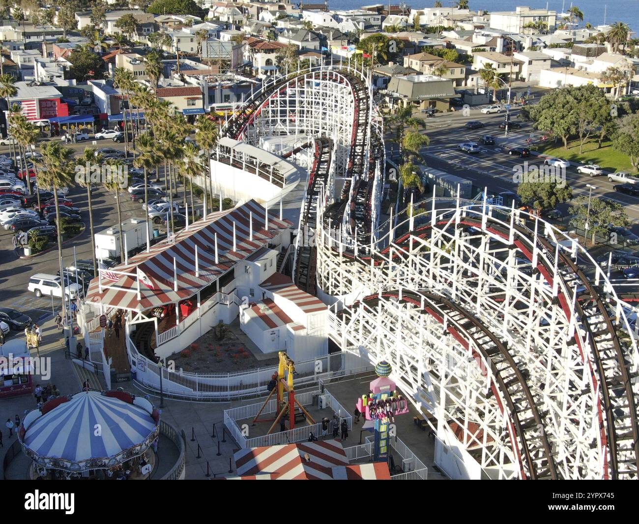 Aerial view of iconic Giant Dipper roller coaster in Belmont Park, an ...