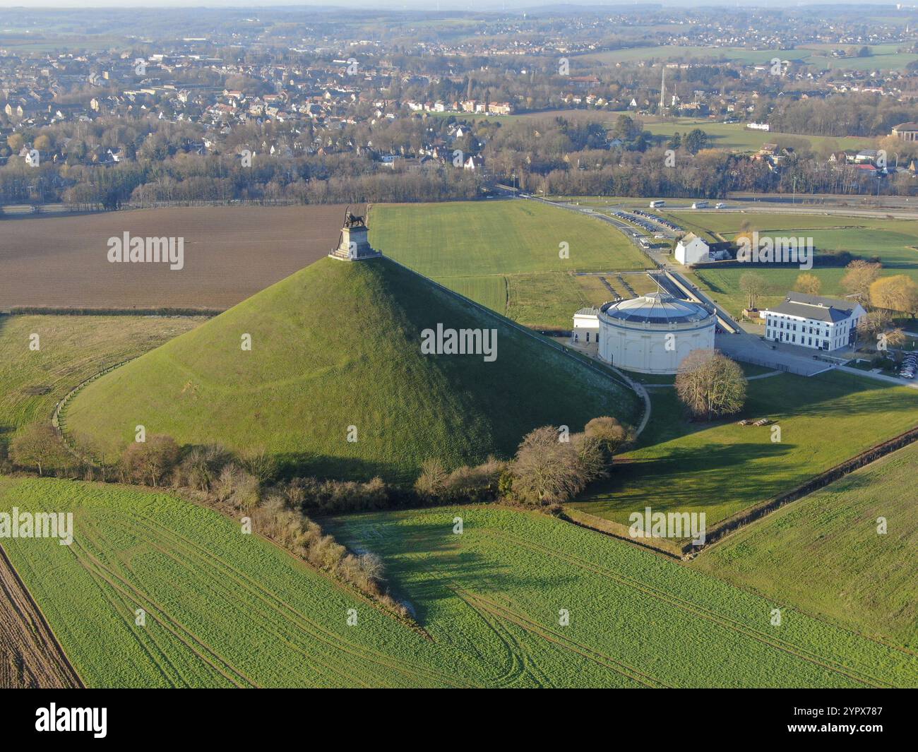 Aerial view of The Lion's Mound with farm land around. The immense ...