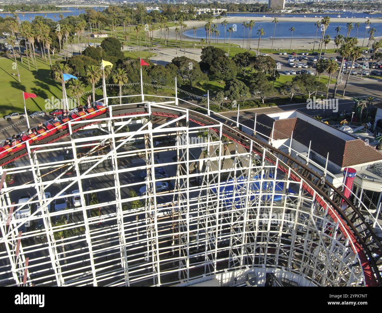 Aerial view of iconic Giant Dipper roller coaster in Belmont Park, an ...
