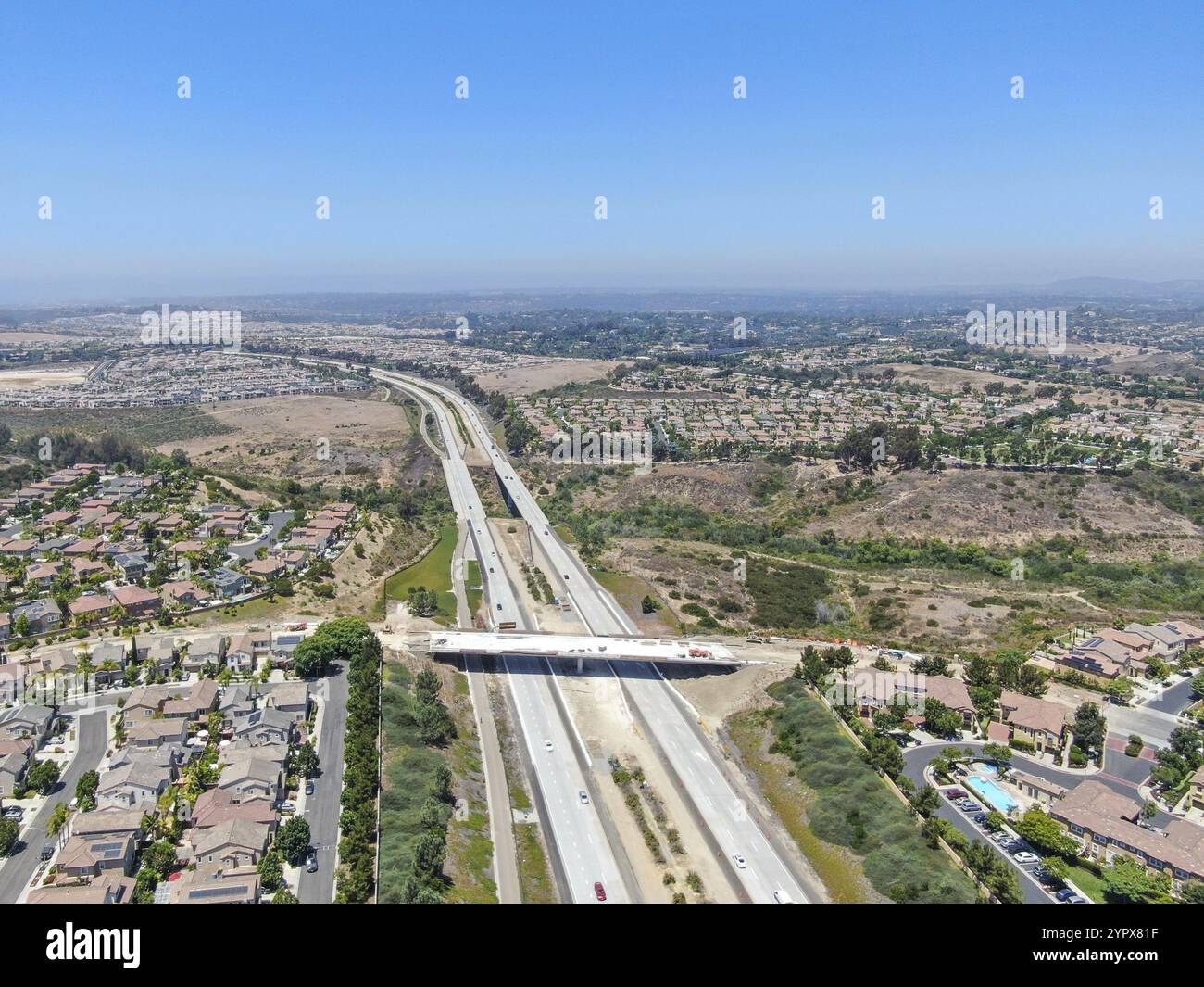 Aerial view of highway, freeway road with vehicle in movement in San ...