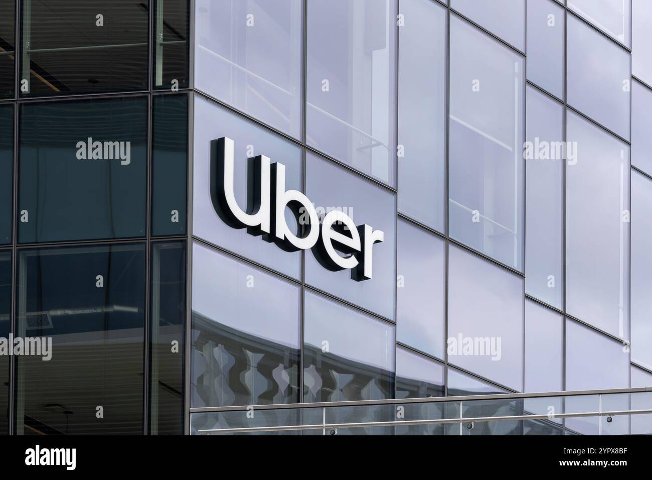 Uber sign on its headquarters building in San Francisco, California ...