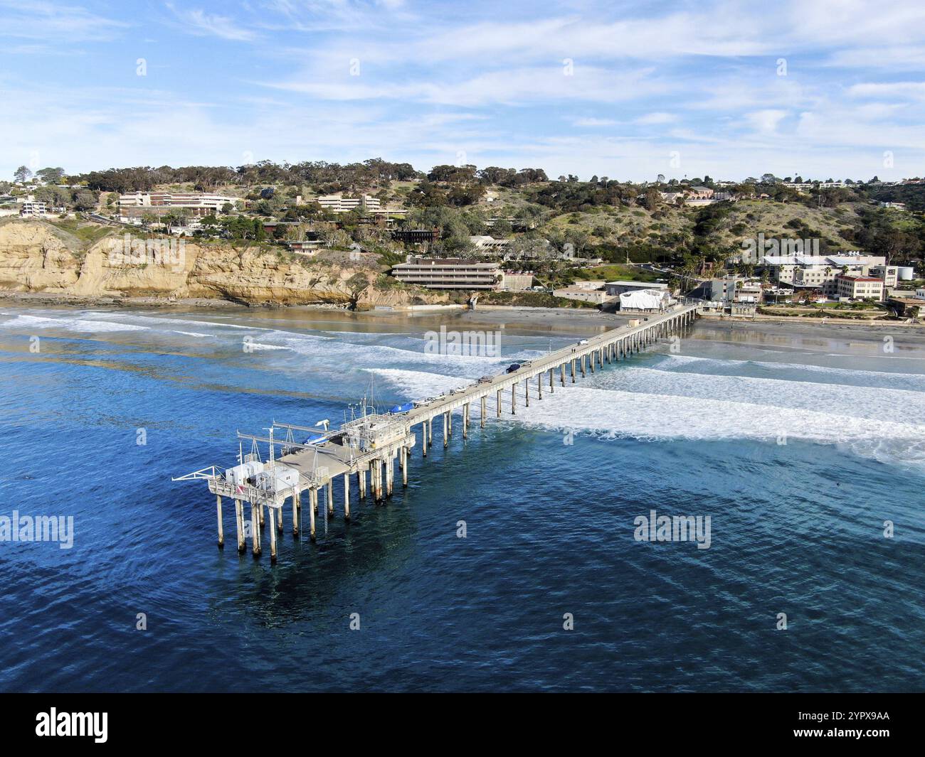 Aerial view of the scripps pier institute of oceanography, La Jolla ...