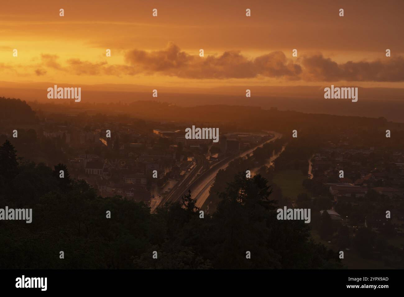 Beautiful sunset at lake constance with view over rheineck, a village ...
